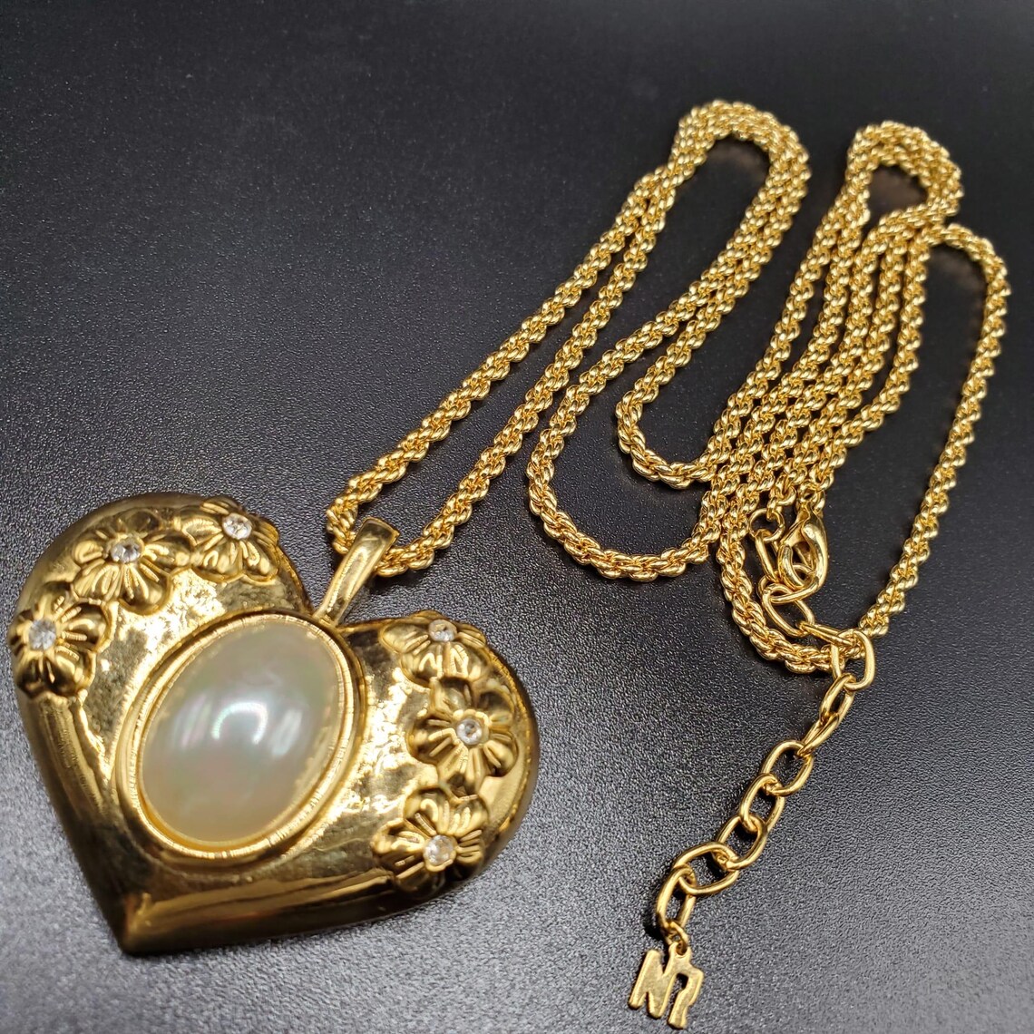 Vintage NINA RICCI Heart, Faux Pearl, Rhinestones, Gold Tone Pendant ...