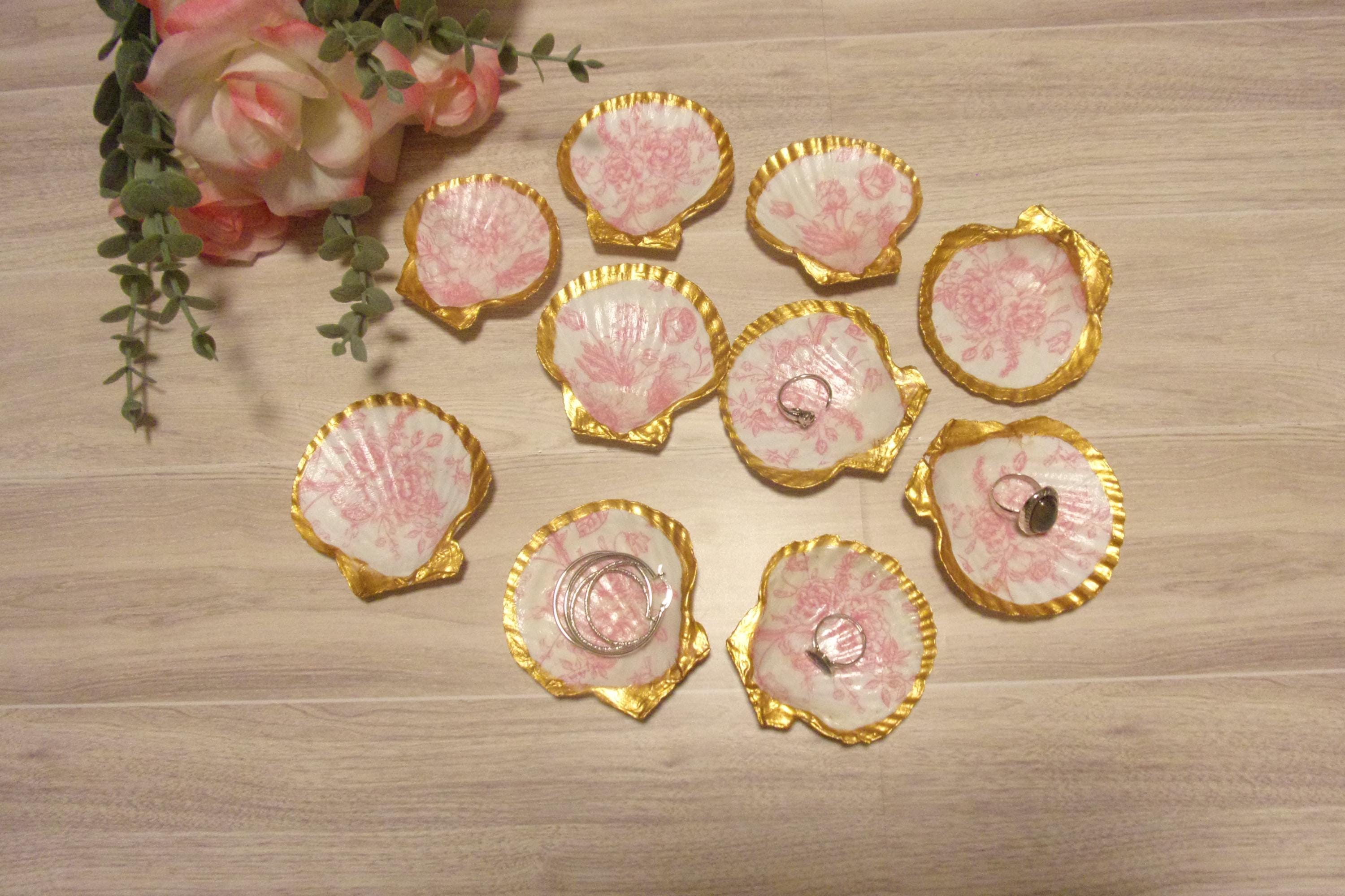 Scalloped Shell Ring Holder Jewelry Trinket Dish With Pink Flowers ...