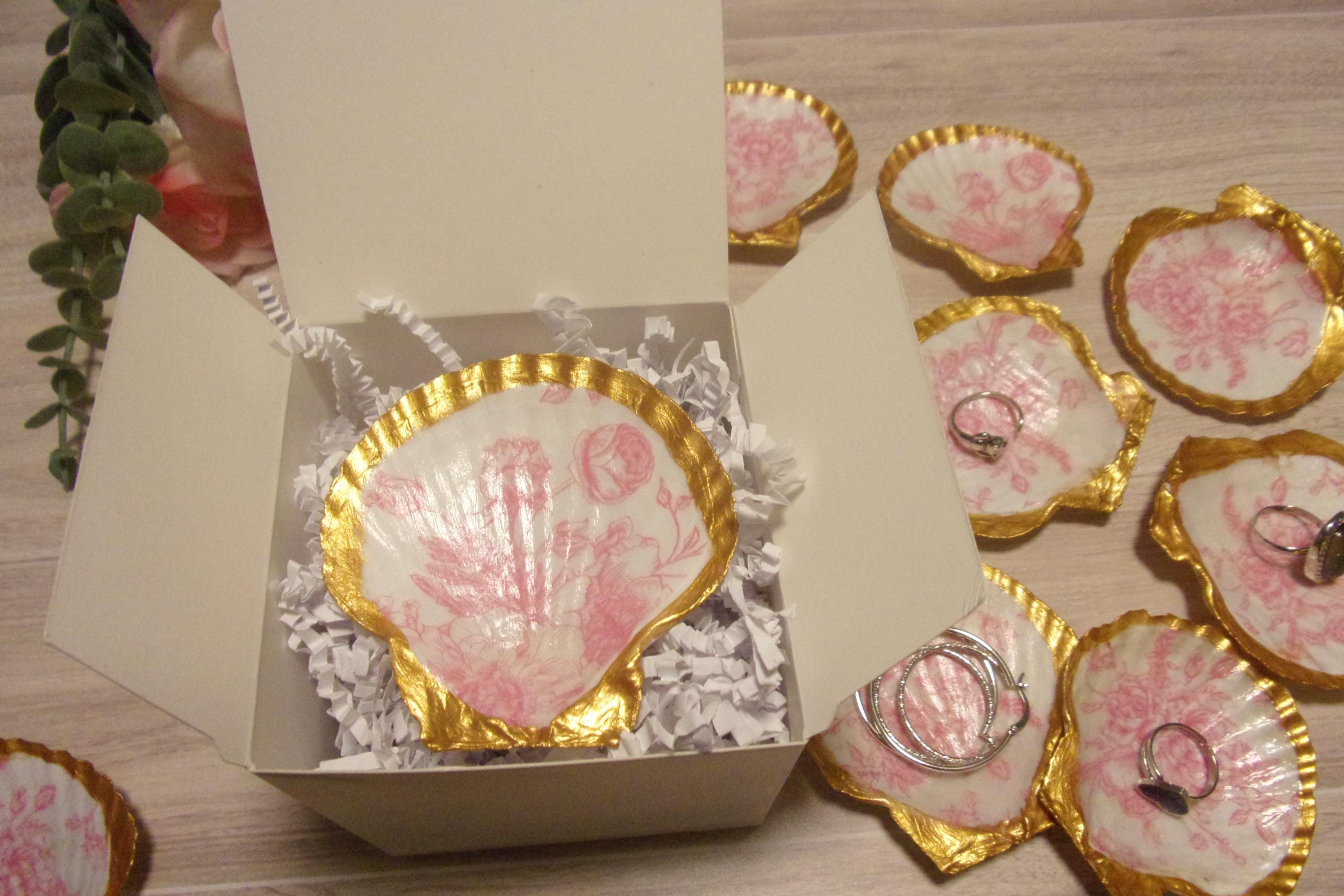 Scalloped Shell Ring Holder Jewelry Trinket Dish With Pink Flowers ...