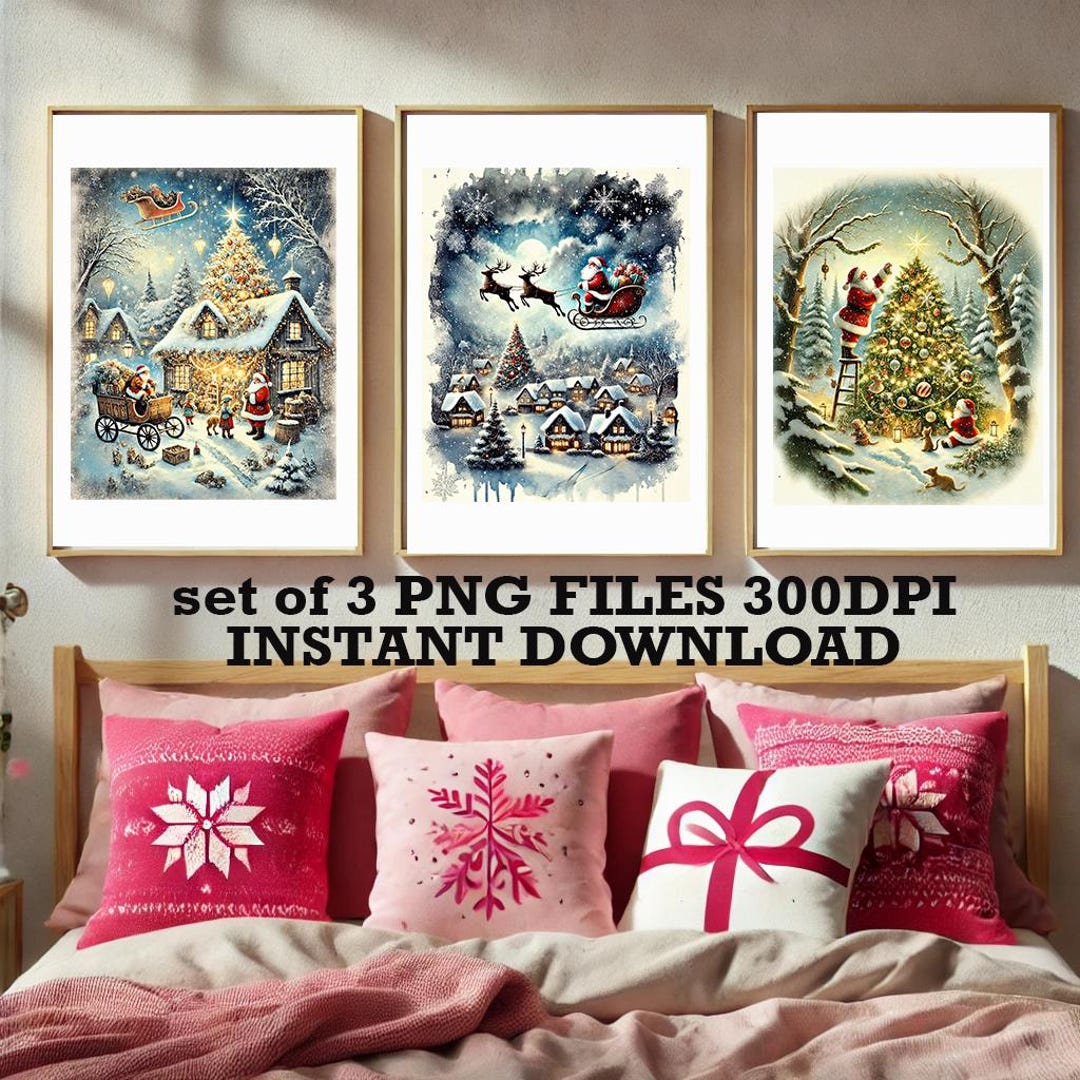 Vintage Christmas Wall Art SET of 3 Nostalgic Santa Holiday Designs Retro Holiday Decor Cards ...