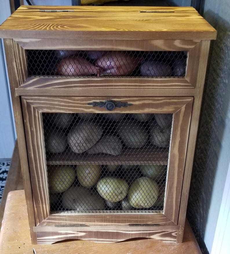 Wooden Countertop Potato and Onion Storage Cabinet, Oak Finish Bread ...
