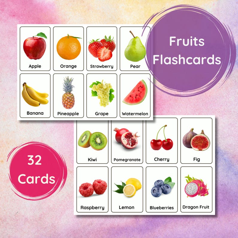 Fruit Cards, Educational Printable Cards, Kids Flash Card, Montessori ...