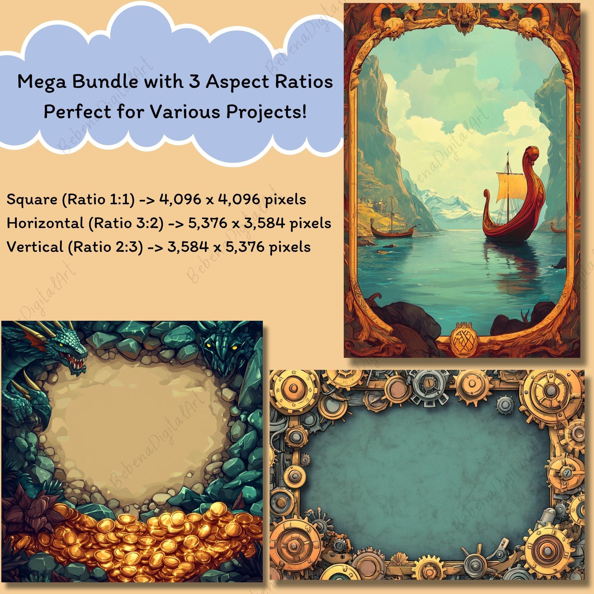 1,040 Fantasy Frame: Digital Background Bundle, Magical Border ...