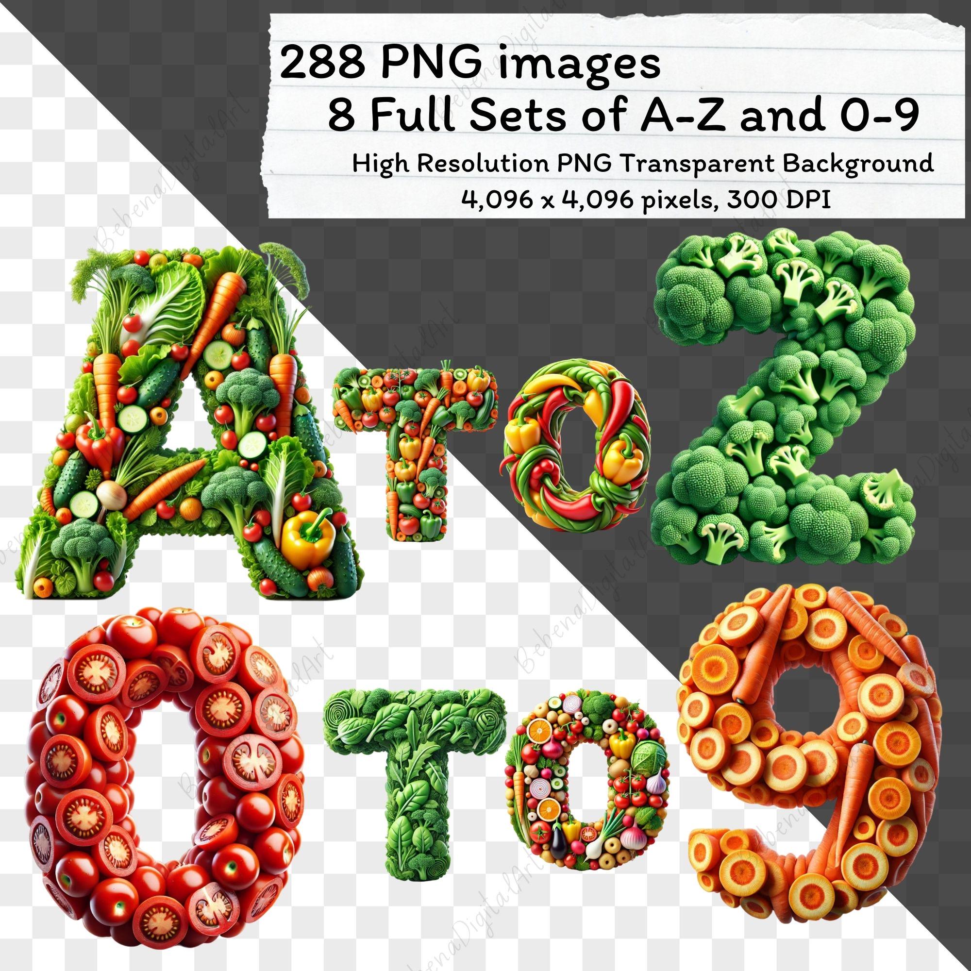 288 Vegetable Alphabet & Numbers Bundle, Vegetable PNG, Veggie Clipart ...