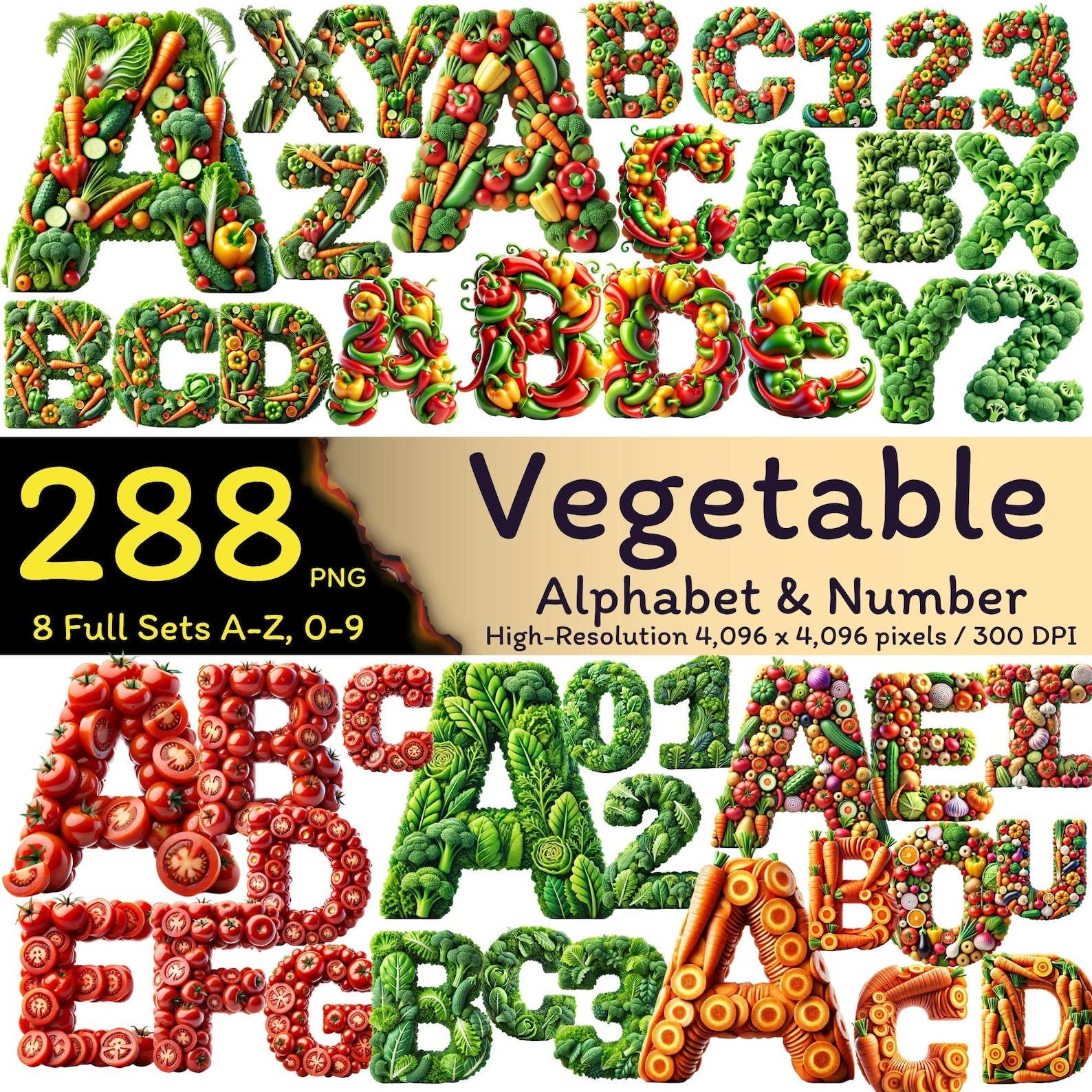 288 Vegetable Alphabet & Numbers Bundle, Vegetable PNG, Veggie Clipart ...
