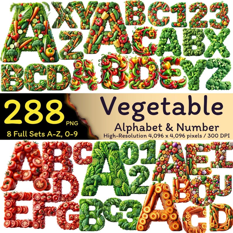 288 Vegetable Alphabet & Numbers Bundle, Vegetable PNG, Veggie Clipart ...