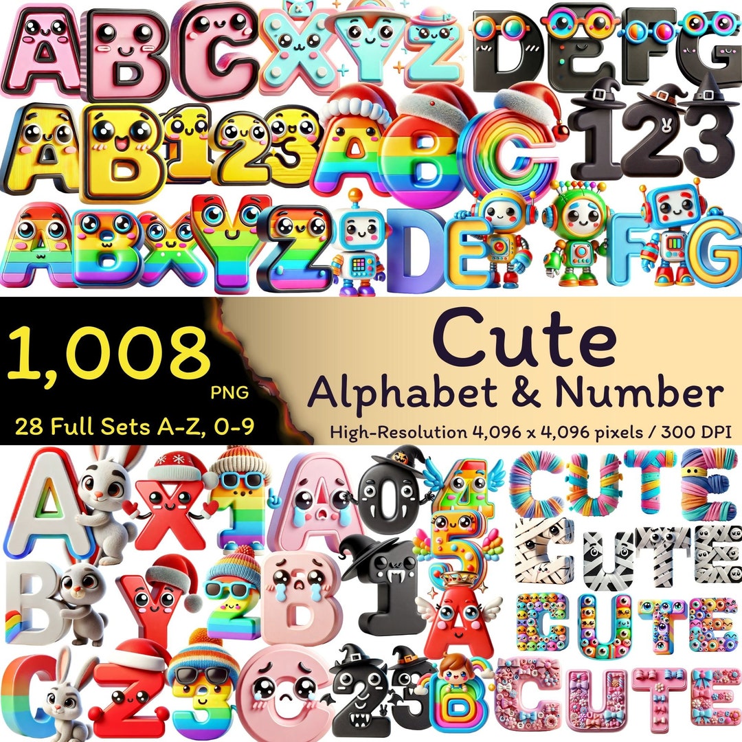 1,008 Cute Alphabet & Numbers Mega Bundle, Cute Letters PNG, Cute ...