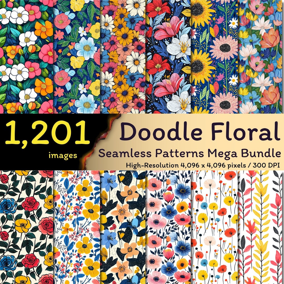 1,201 Doodle Floral Seamless Patterns Mega Bundle, Colorful Floral Pattern, Cute Floral Seamless ...