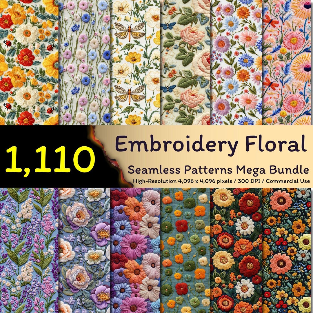 1,110 Embroidery Floral Seamless Patterns Mega Bundle, Embroidery Texture, Digital Embroidery ...