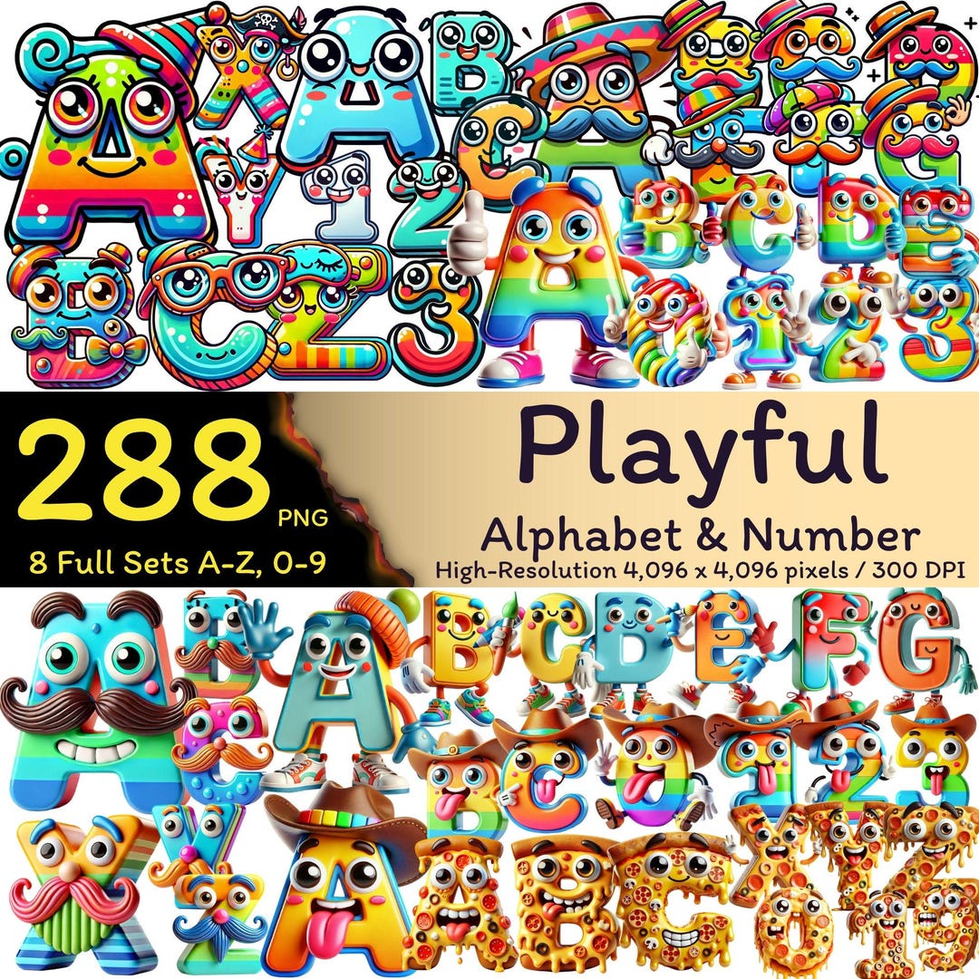 288 Playful Alphabet & Numbers Bundle, Fun Letters A-Z, Cute Alphabet ...