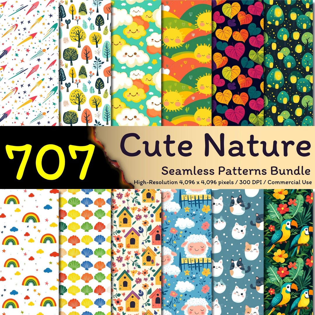 707 Cute Nature Seamless Patterns Bundle, Colorful Backgrounds, Kids ...