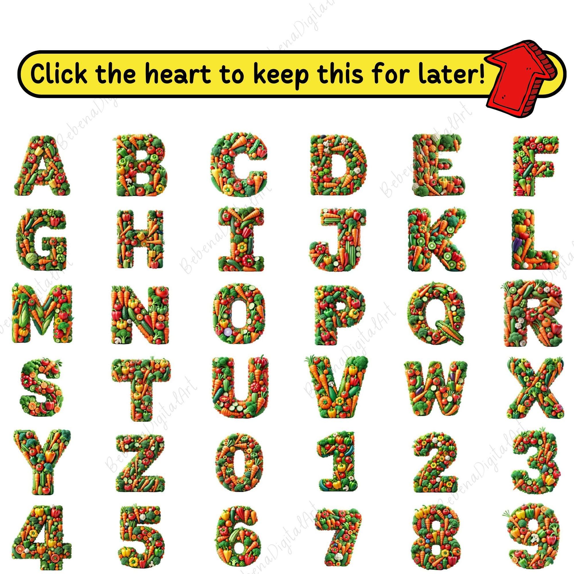 288 Vegetable Alphabet & Numbers Bundle, Vegetable PNG, Veggie Clipart ...