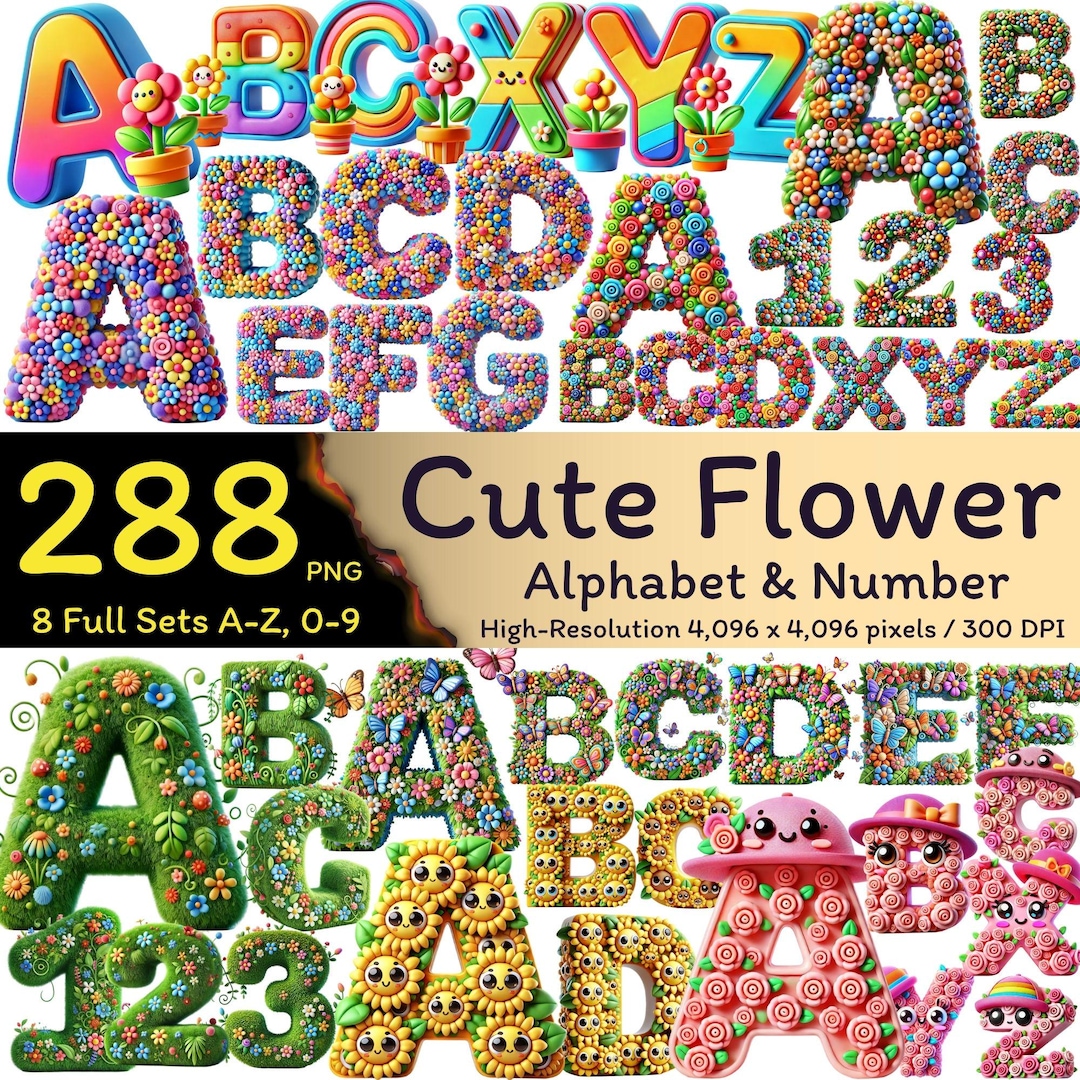 288 Cute Flower Alphabet & Numbers Bundle, Floral Letters A-Z, Cute ...