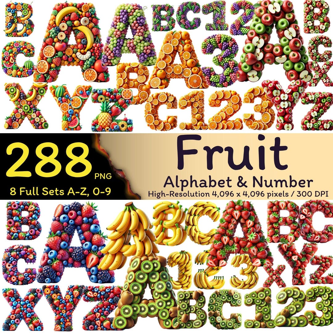 288 Fruit Alphabet & Numbers Bundle, Cute Letters A-Z, Cute Fruit PNG ...