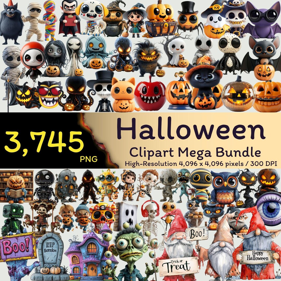 3,745 Halloween Mega Clipart Bundle, Cute Halloween, Watercolor ...