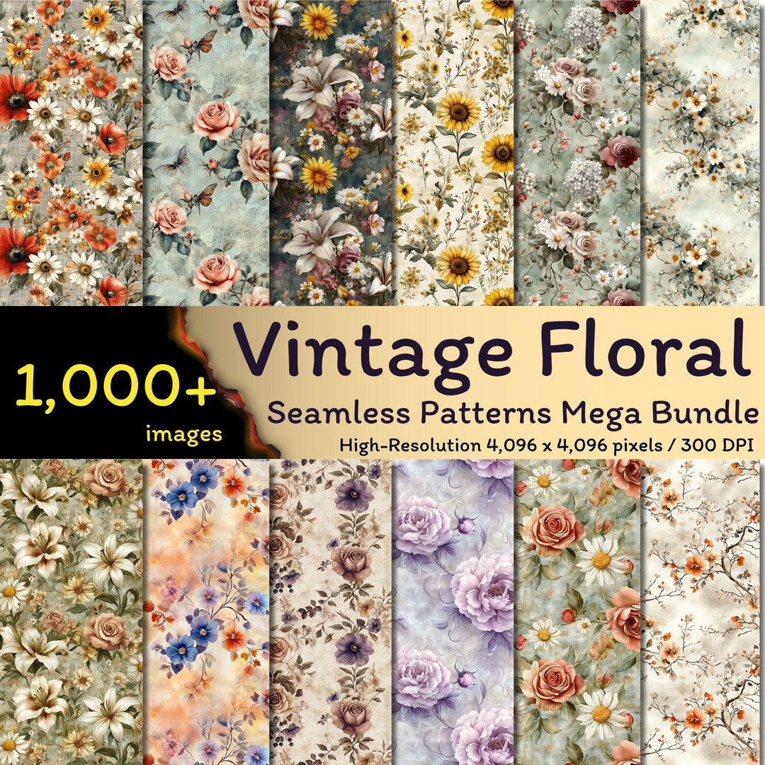 1,000+ Vintage Floral Seamless Patterns Mega Bundle, Watercolor Floral ...