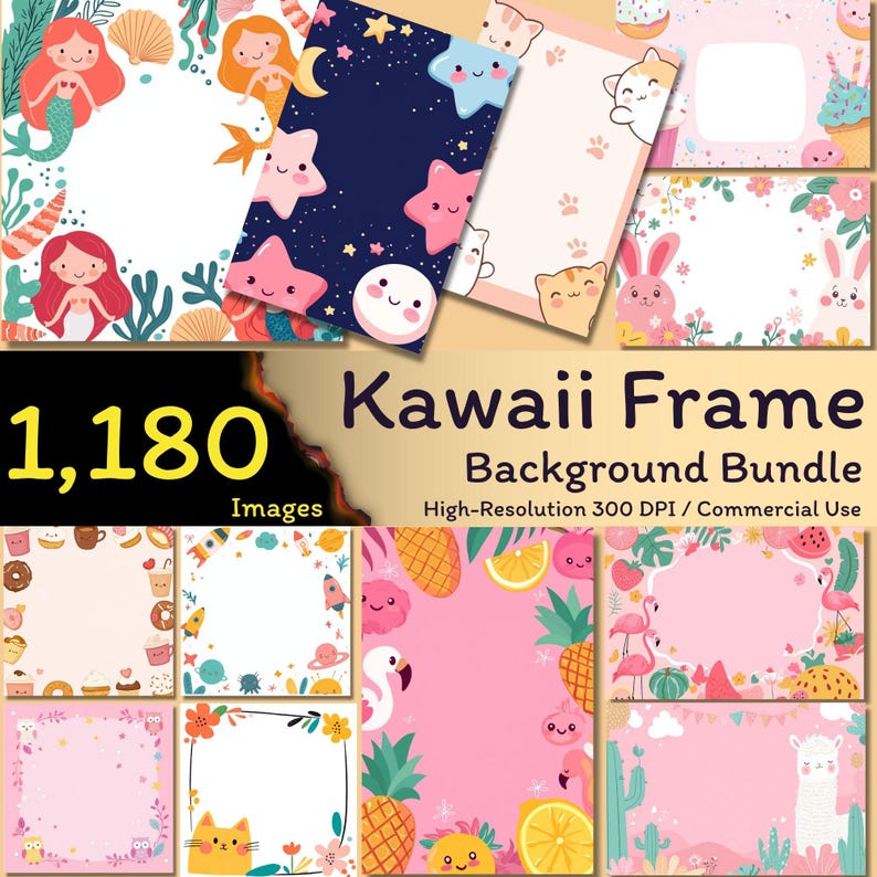 1,180 Kawaii Frame: Background Bundle, Cute Digital Papers, Fun Designs ...