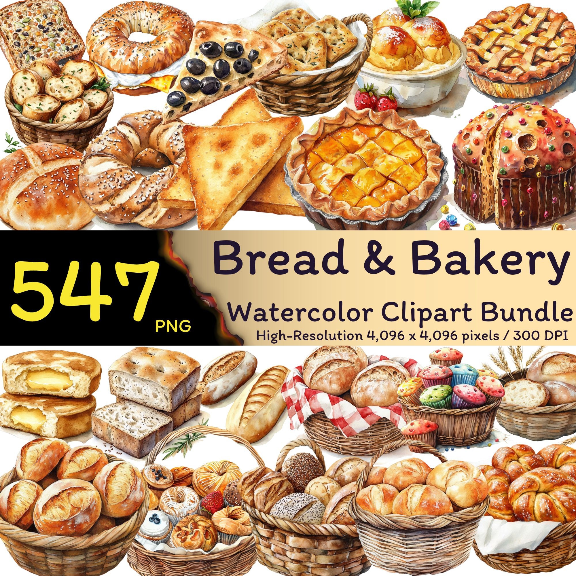 547 Bread & Bakery Watercolor Clipart Bundle, Baked Bakery Clipart ...