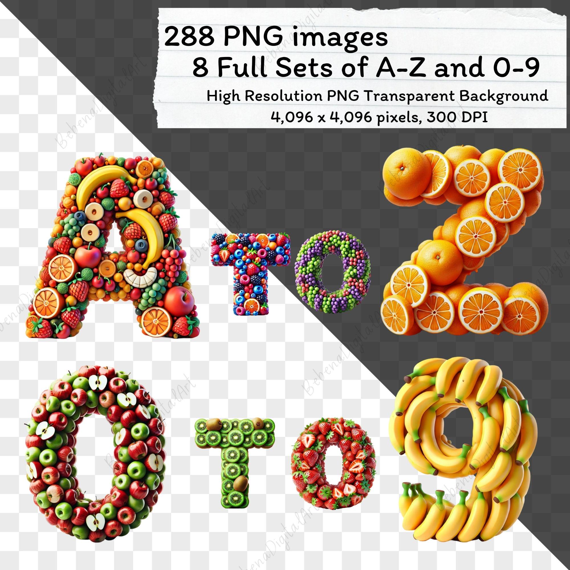 288 Fruit Alphabet & Numbers Bundle, Cute Letters A-Z, Cute Fruit PNG ...