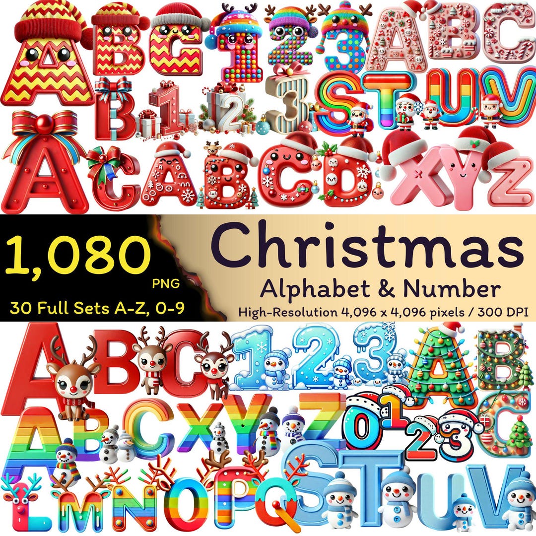 1,080 Christmas Alphabet & Numbers Mega Bundle, Christmas Letters PNG ...