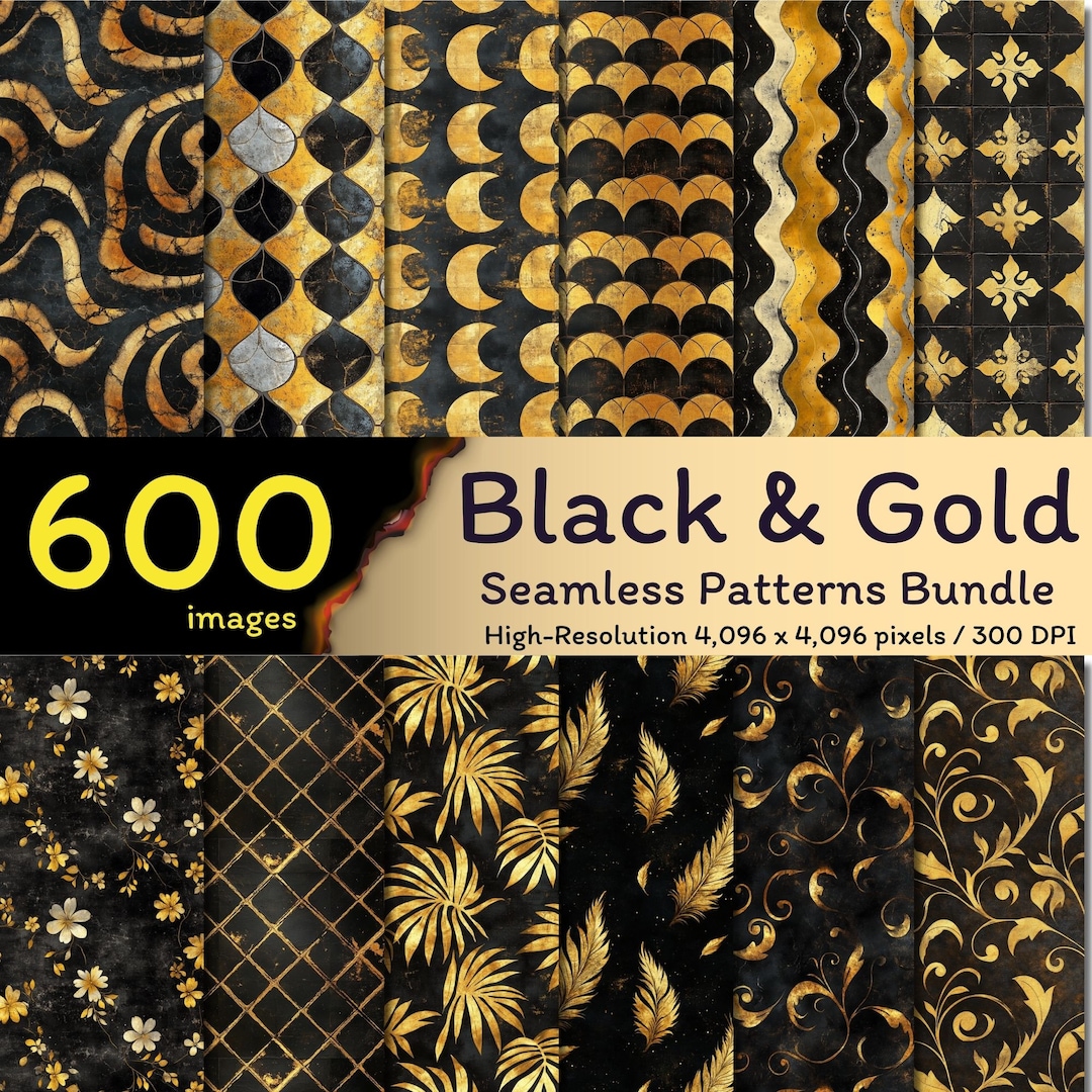 600 Black and Gold Seamless Patterns Bundle, Vintage Patterns ...
