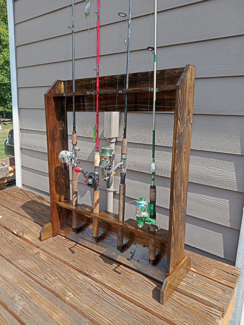 Sturdy Fishing Pole Holder Stand up Rack, Wood Rod Storage Organizer ...