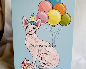 Sphynx Cat & Gold Balloons Happy Birthday Greeting Card Cute - Etsy
