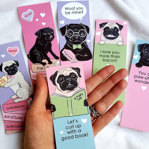 Pug Bookmarks Eco-friendly Set of 5 Printed on Recycled - Etsy