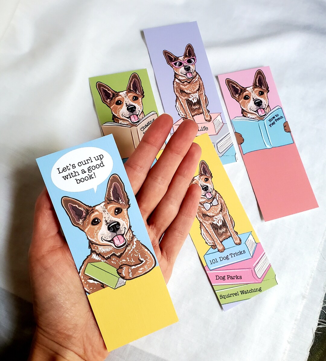Bookworm Red Heeler Bookmarks - Eco-friendly Set of 5 on Recycled Linen ...