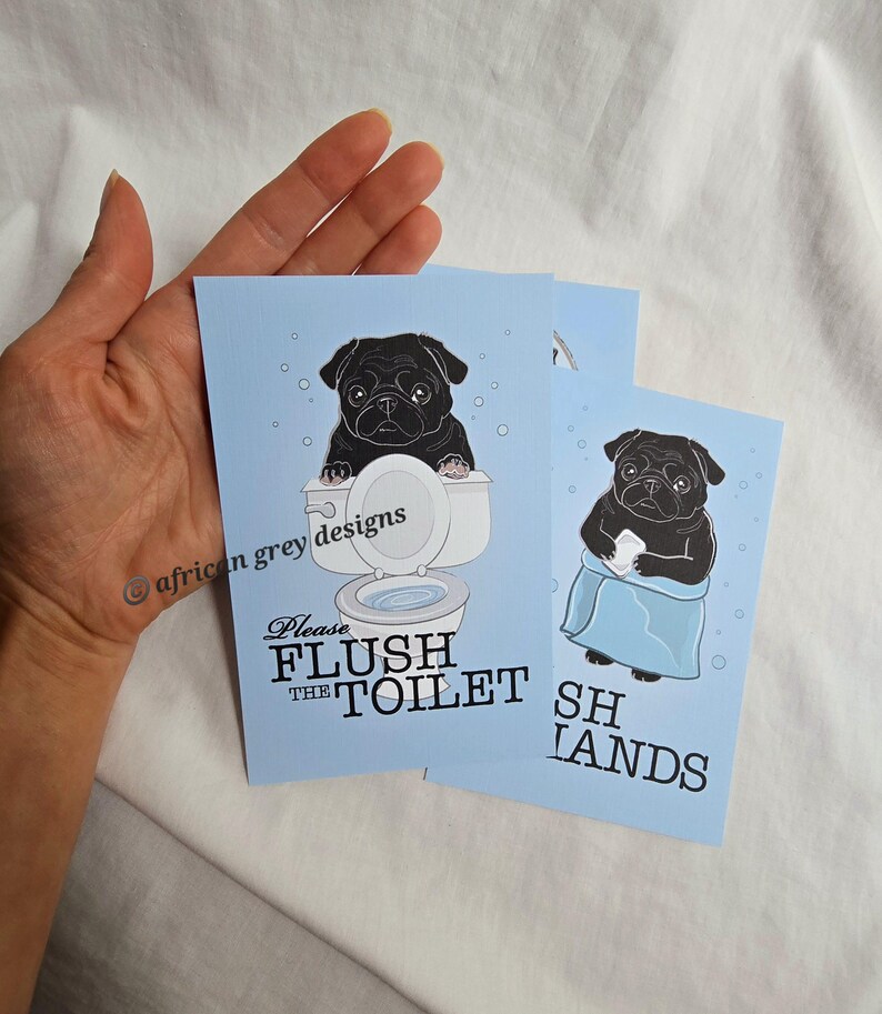 Black Pug Bathroom Prints - 4x6 Eco-friendly Set Printed on Linen Paper ...