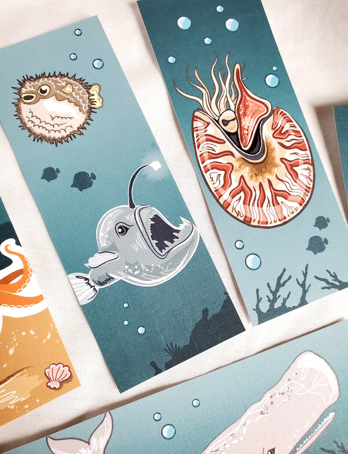 Deep Sea Bookmarks - Eco-friendly Set of 5 Printed on Recycled Linen ...