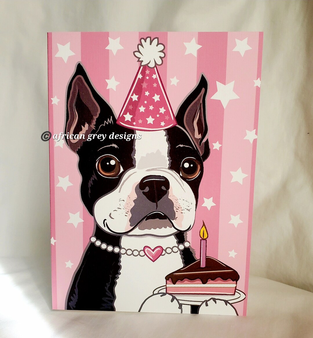 Pink Birthday Boston Terrier Greeting Card - Etsy