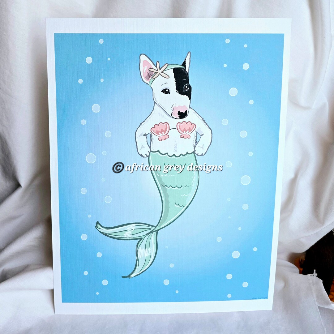 Bull Terrier Mermaid - Eco-friendly 8x10 Print on Recycled Linen Paper ...