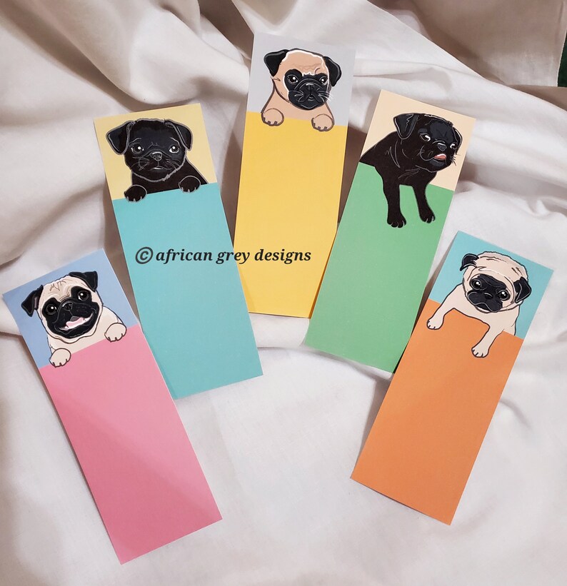 Pug Bookmarks - Eco-friendly Set of 5 Printed on Recycled Linen Paper ...