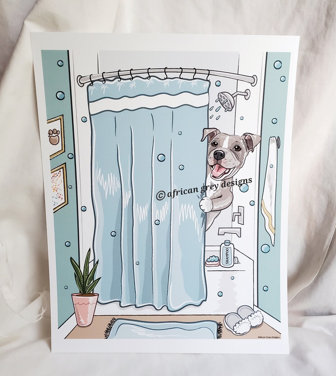 Shower Time Pit Bull - Eco-friendly 8x10 Print on Linen Paper - Etsy