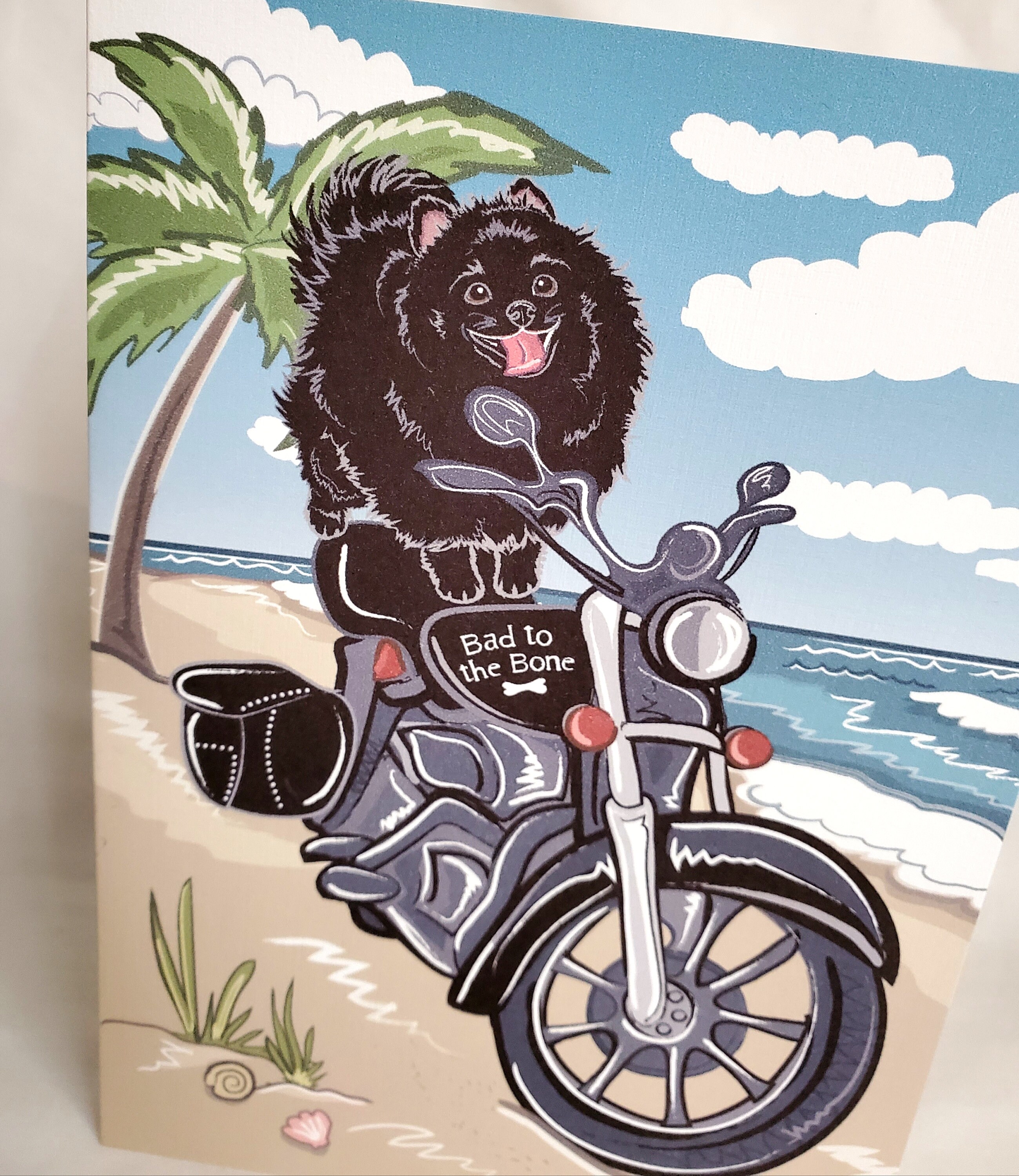 Motorcycle Pomeranian Greeting Card Beach Background | Etsy