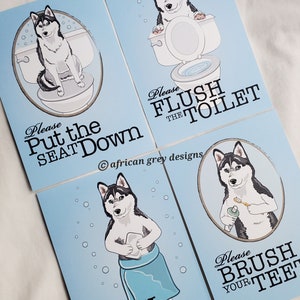 Siberian Husky Bathroom Prints - 5x7 Set of 4 Printed on Recycled Linen ...
