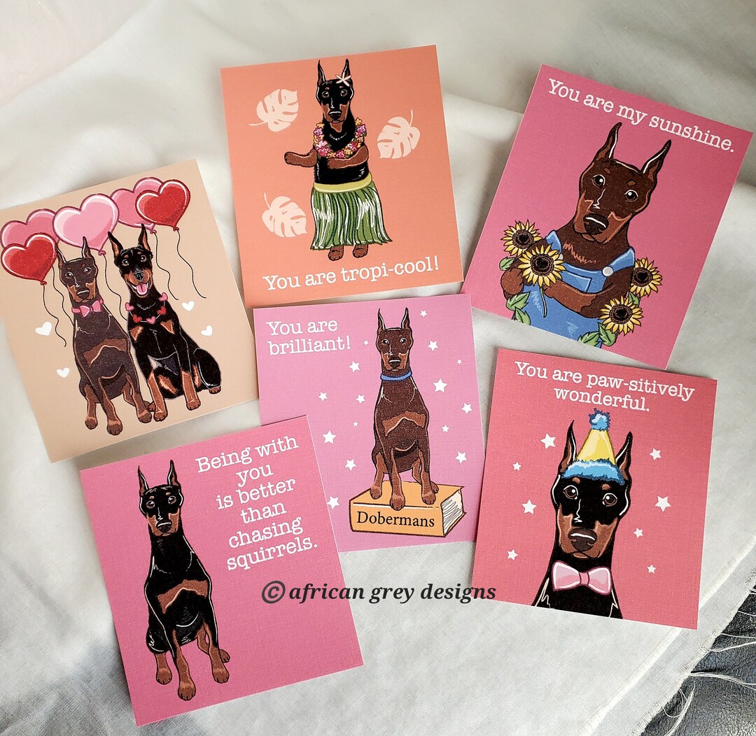 Doberman Valentines - Mini Eco-friendly Set of 6 Printed on Linen Paper ...