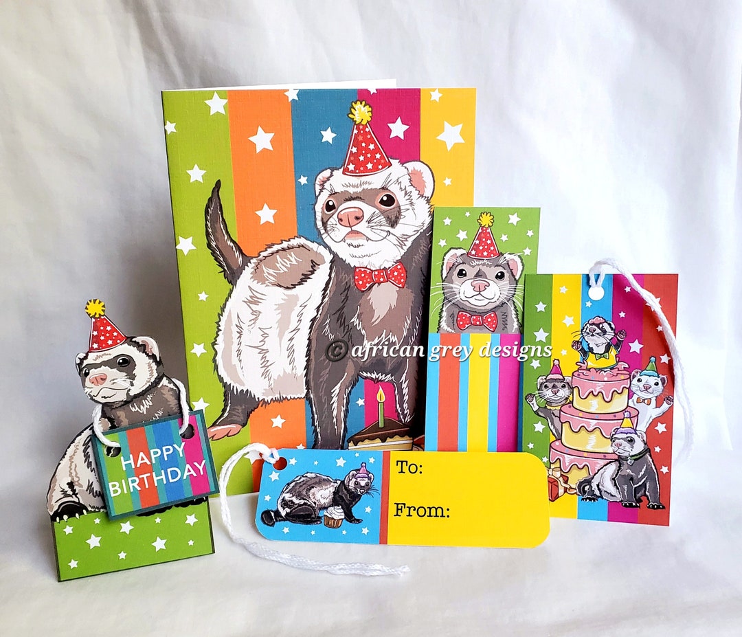 Ferret Birthday Package - Greeting Card - Desk Doll - Bookmark - Gift ...