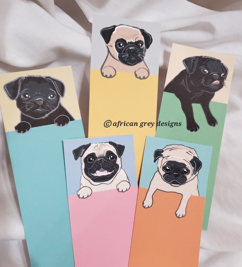 Pug Bookmarks - Eco-friendly Set of 5 Printed on Recycled Linen Paper ...