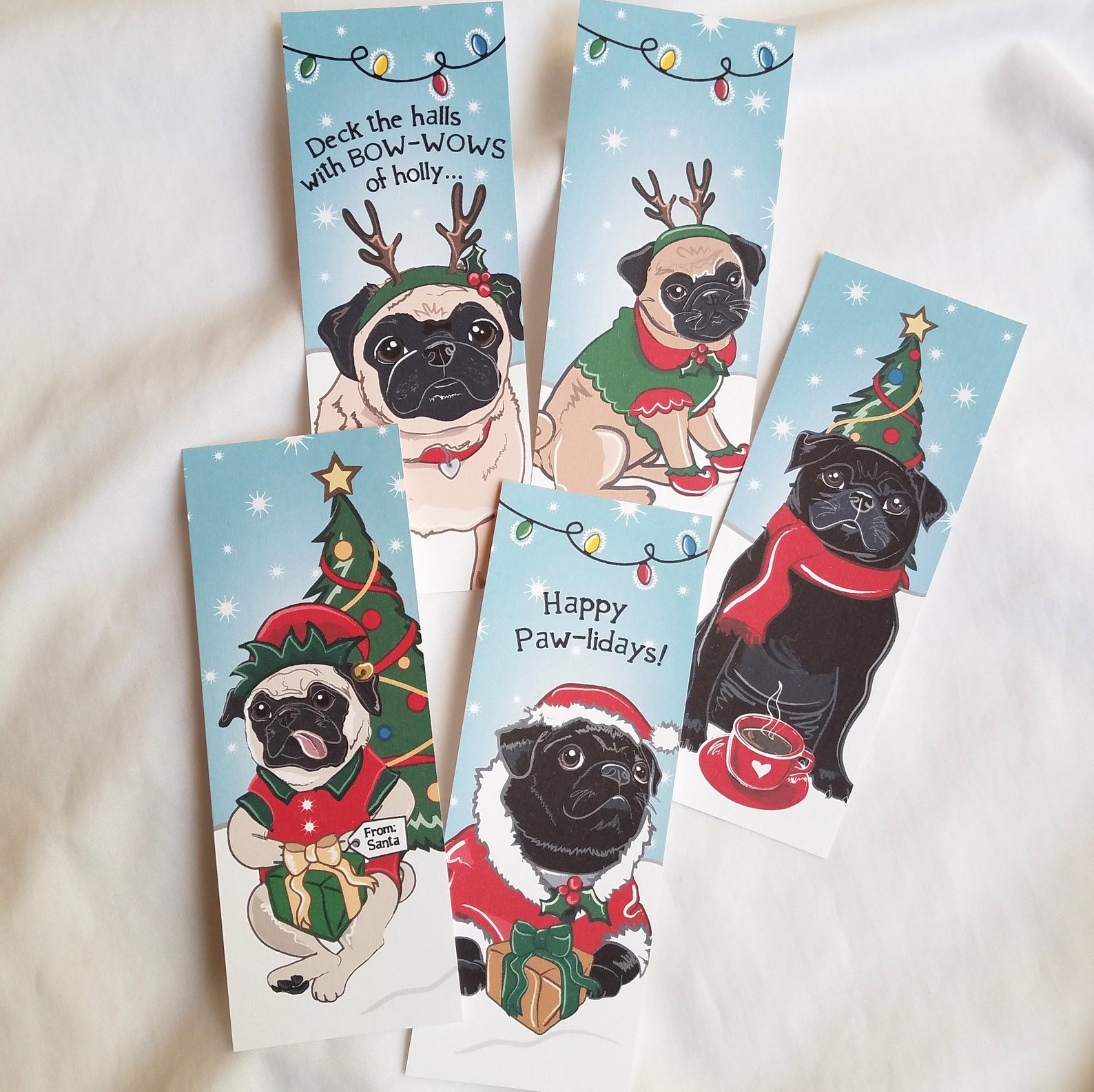 Christmas Pug Bookmarks Eco-friendly Set of 5 Printed on - Etsy