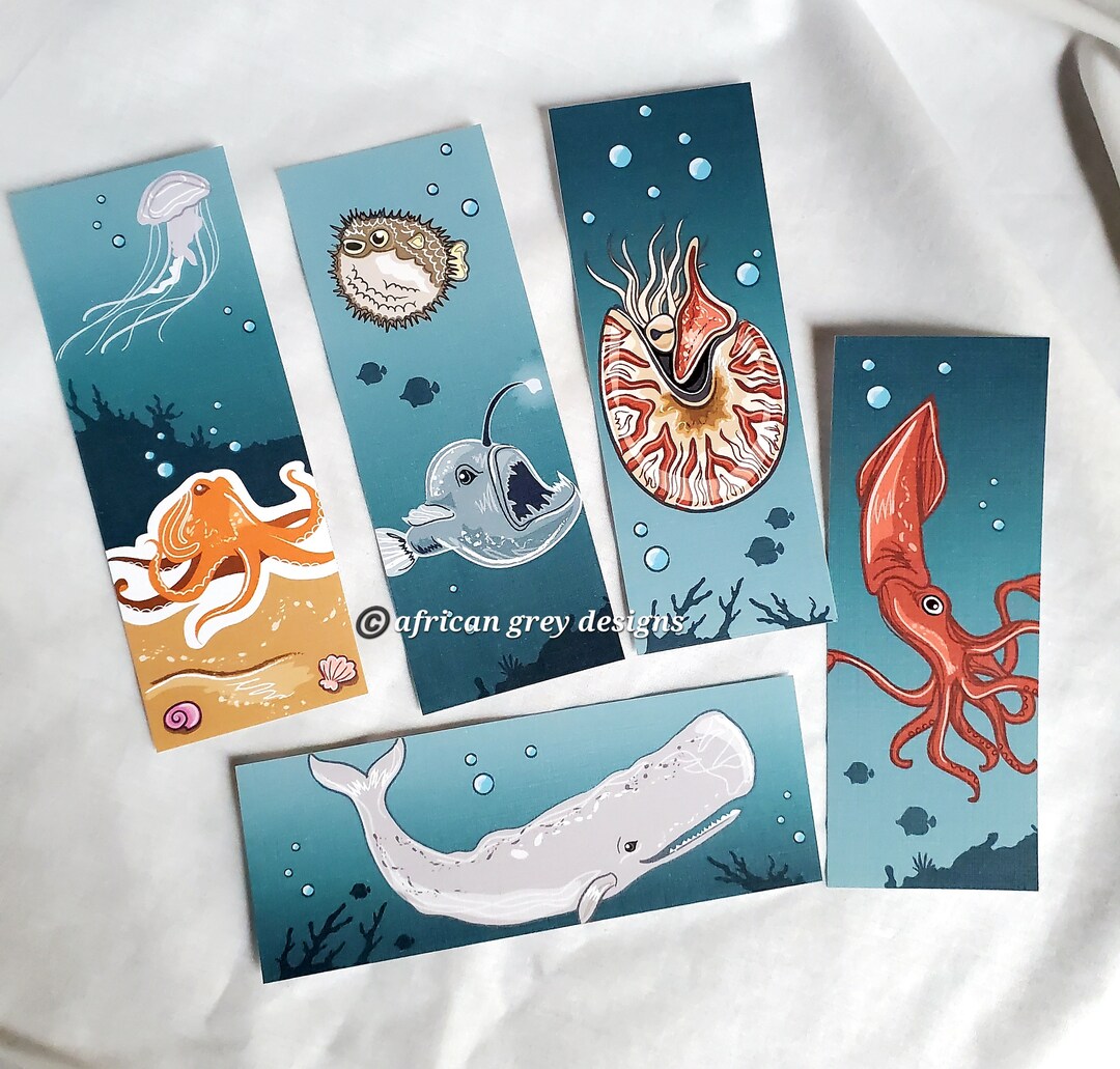 Deep Sea Bookmarks - Eco-friendly Set of 5 Printed on Recycled Linen ...