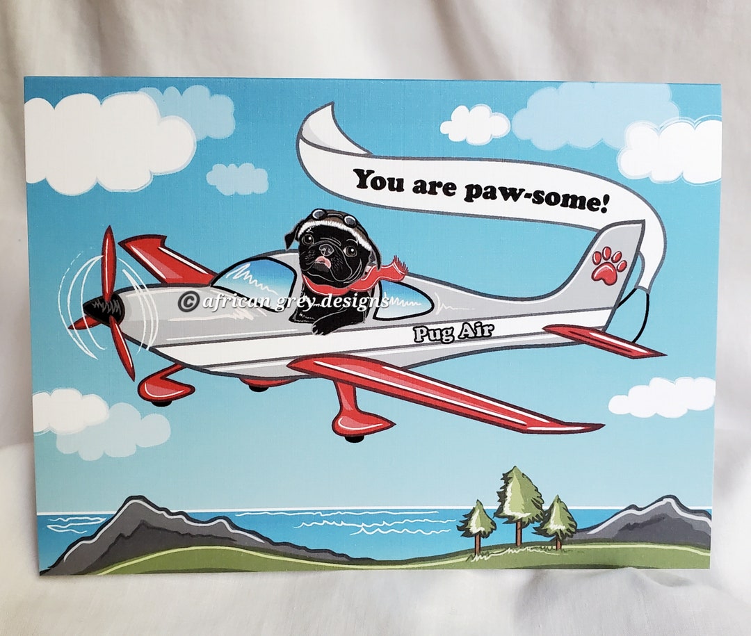 Pug Airplane Greeting Card - Black Pug - Etsy