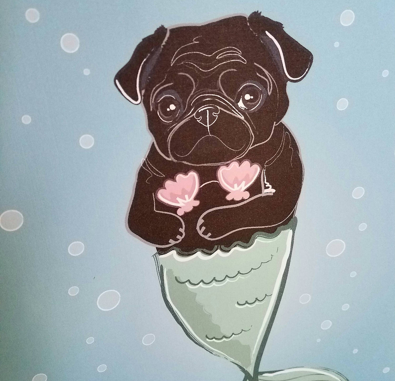 Black Pug Mermaid Bikini Shell Top Eco-friendly 8x10 Print | Etsy