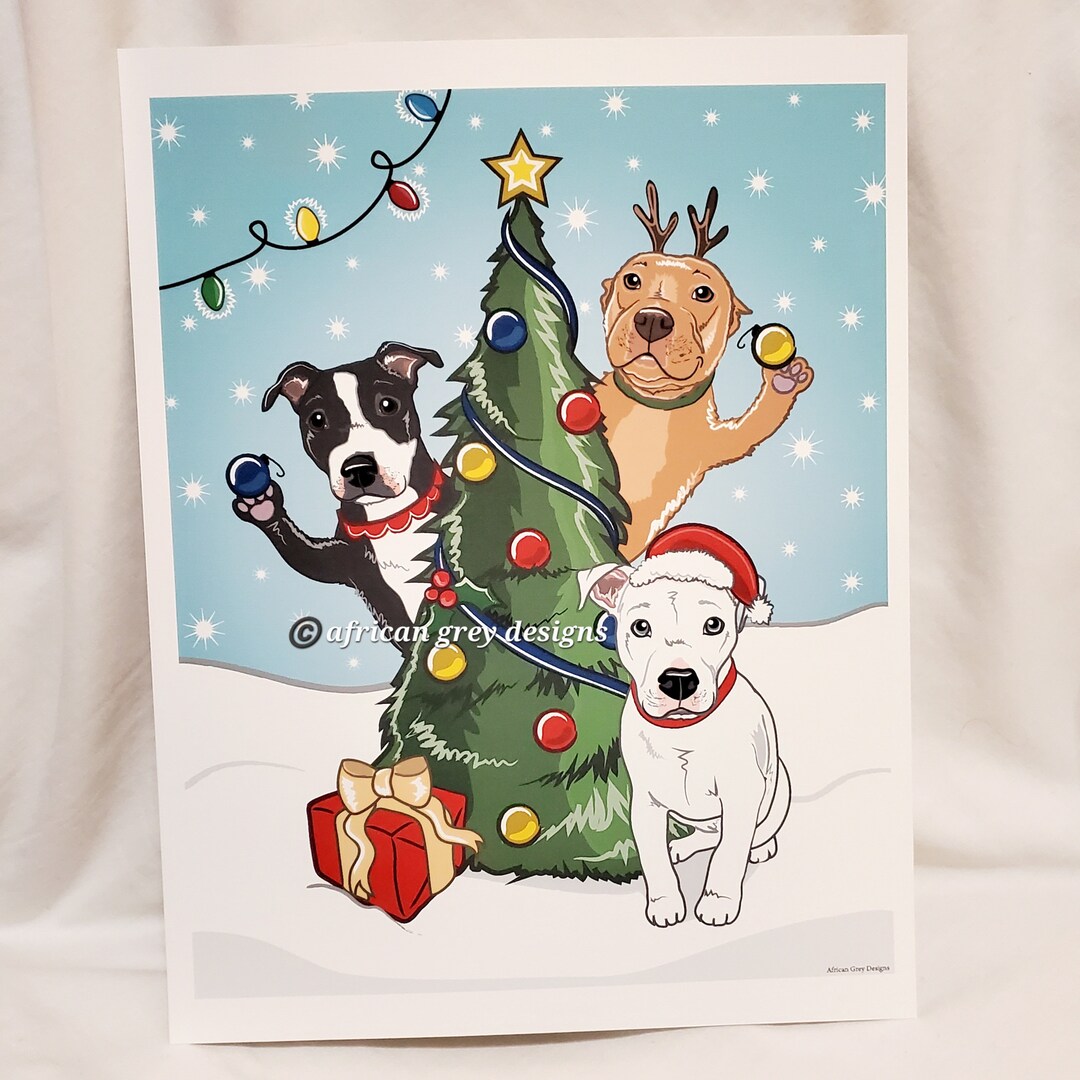 Christmas Tree Pit Bulls 8x10 Eco-friendly Print on Recycled Linen ...