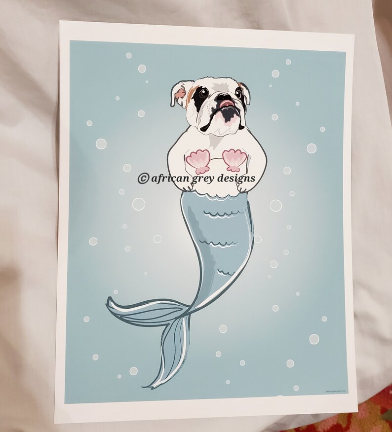 Mermaid English Bulldog - White - Eco-friendly 8x10 Print - Etsy