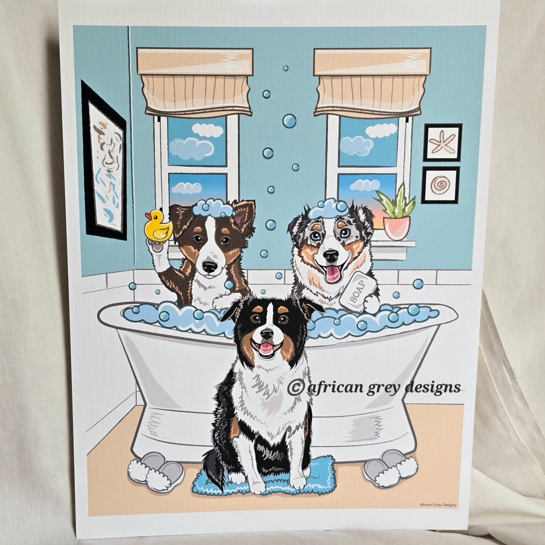 Seaside Bath Australian Shepherds - Eco-friendly 8x10 Print on Recycled ...