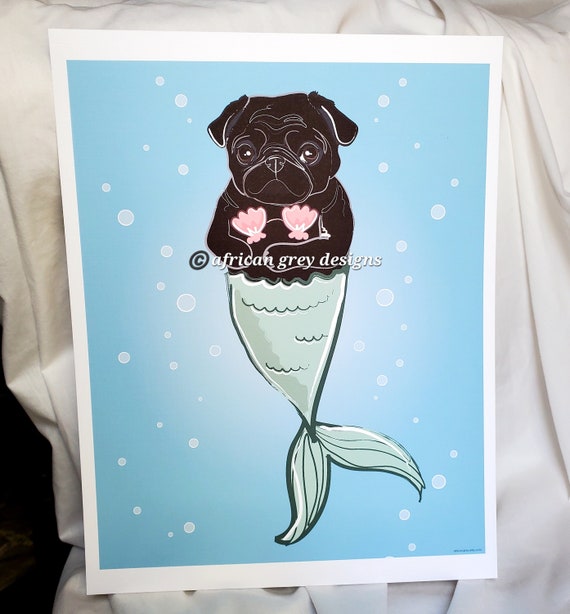 Black Pug Mermaid Bikini Shell Top Eco-friendly 8x10 Print - Etsy