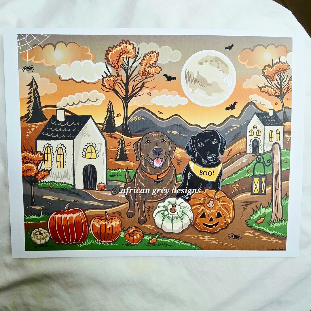 Halloween Labs in Fall Scenery - Chocolate and Black Lab - Eco-friendly ...