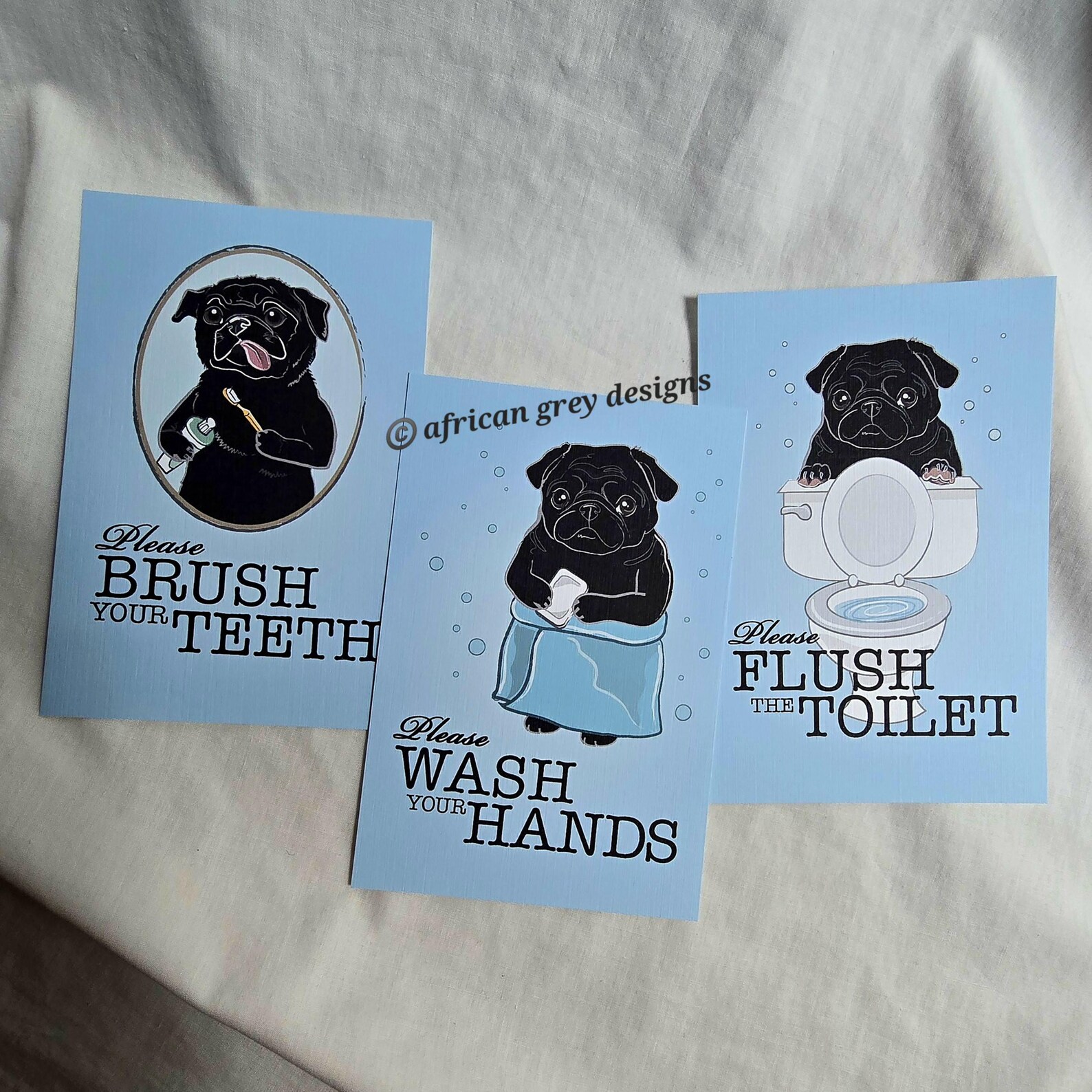 Black Pug Bathroom Prints - 4x6 Eco-friendly Set Printed on Linen Paper ...
